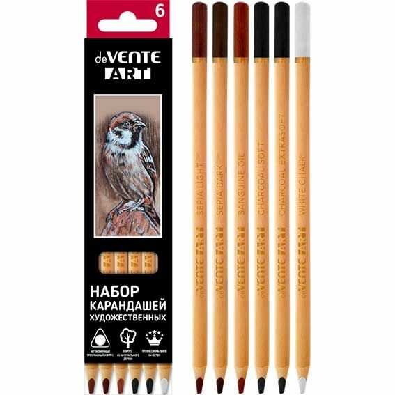 Художественные карандаши deVENTE "Art", 6 цветов, уголь мягкий, сепия светлая и темная, сангина (5021310)