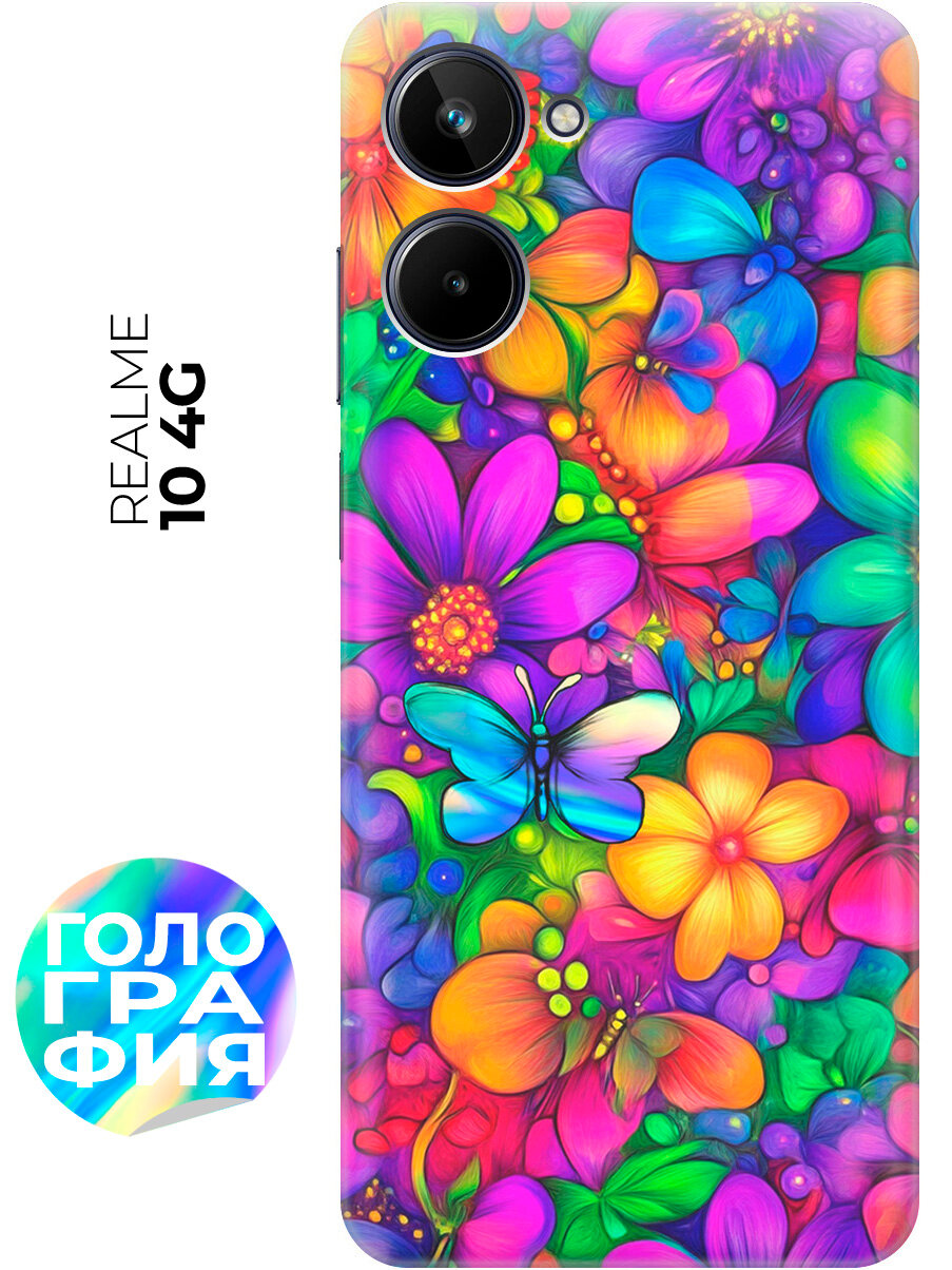 Силиконовый чехол на Realme 10 4G с принтом "Бабочки и цветы" прозрачный