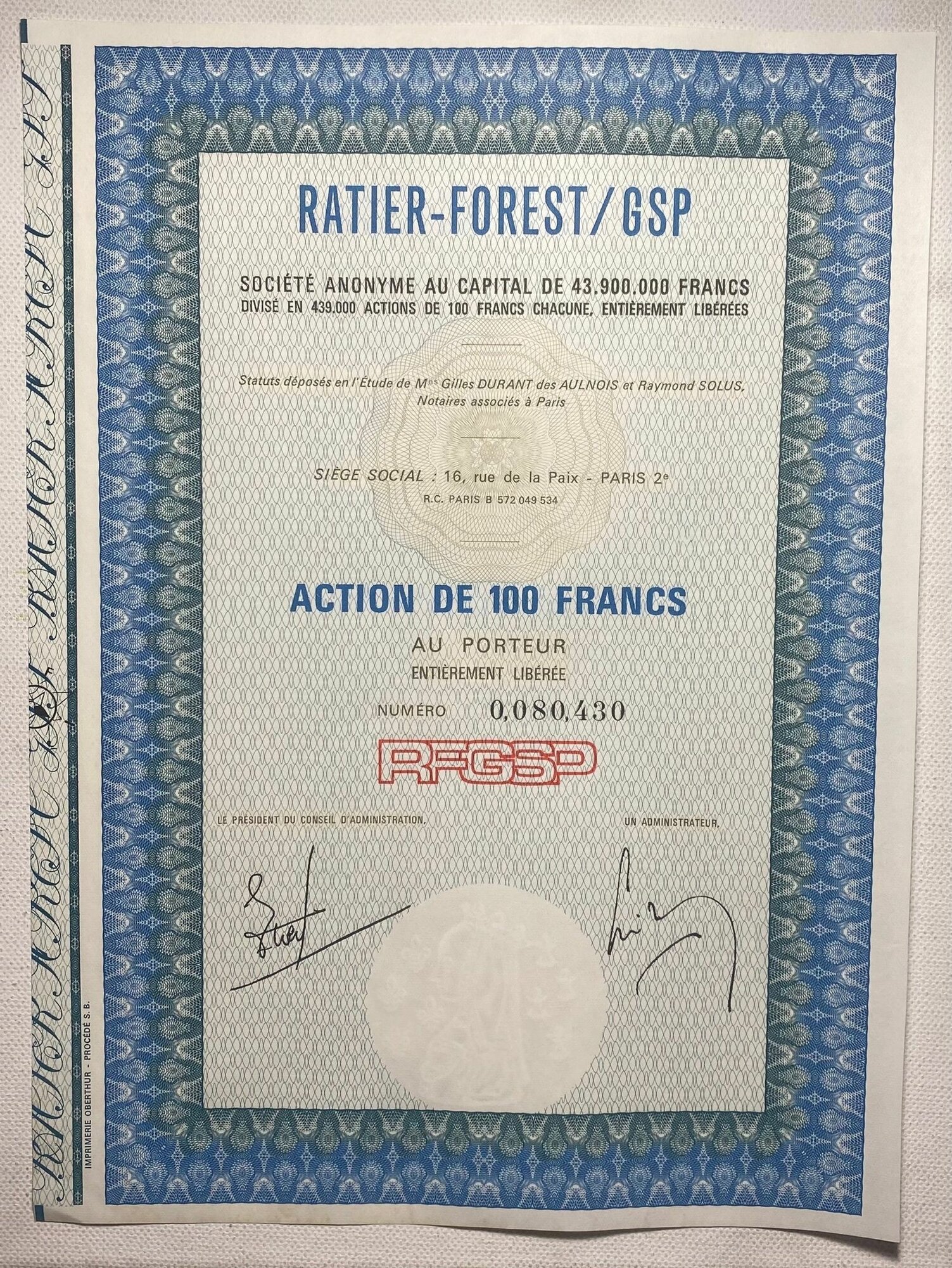 Франция Париж Лес Лесопромышленная компания 'RFGSP' Акция на 100 франков 1960-е года