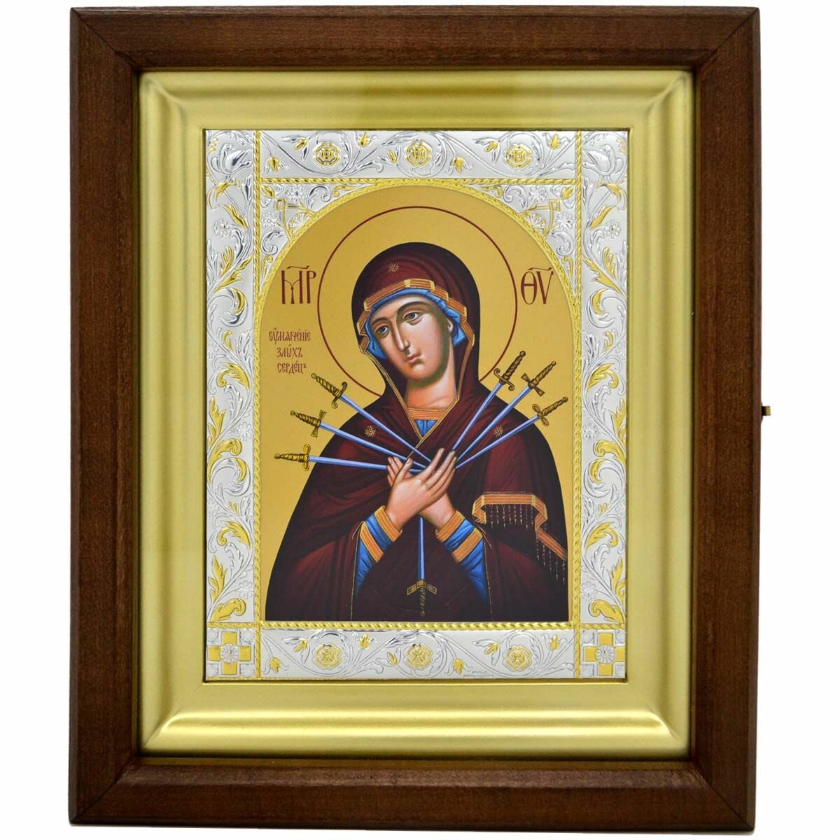 "Умягчение злых сердец". Икона Божией Матери, писанная в монастыре. (14 х 18 см / 21 х 25 х 6 см / В серебряном окладе с позолотой в деревянном киоте)