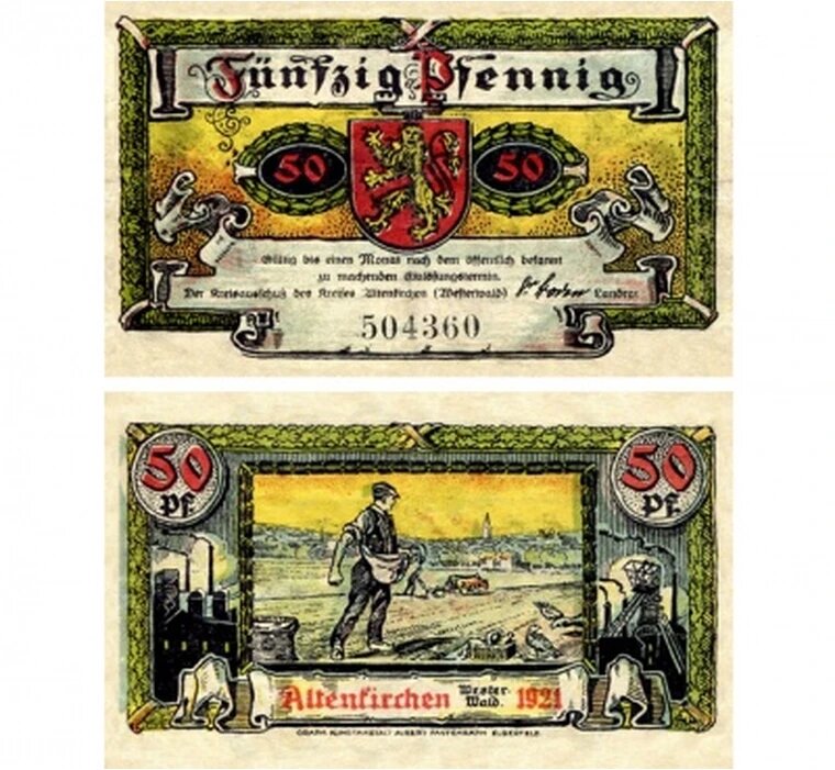 Нотгельд 50 пфеннигов 1921 Германия, Альтенкирхен, сувенирная копия, банкноты и купюры редкие коллекционные