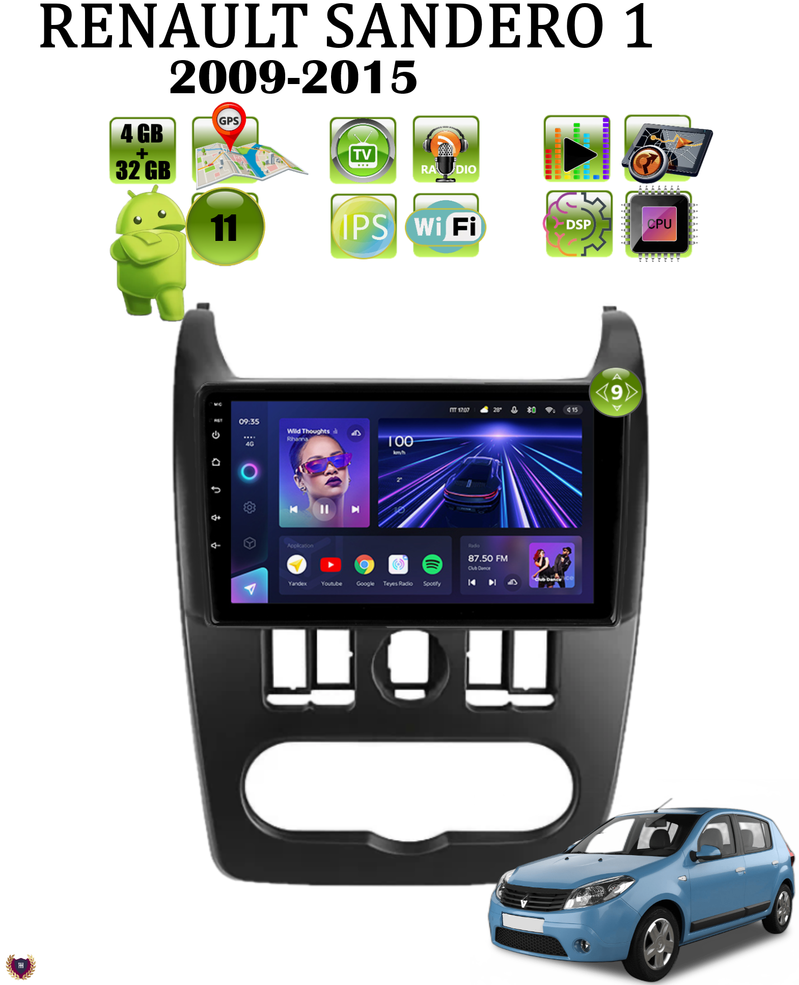 Автомагнитола для Renault Sandero 1 (2009-2015), Android 11, 4/32 GB, CarPlay, Android Auto, Bluetooth, WiFi, DSP, IPS, сенсорные кнопки, поддержка кнопок на руле