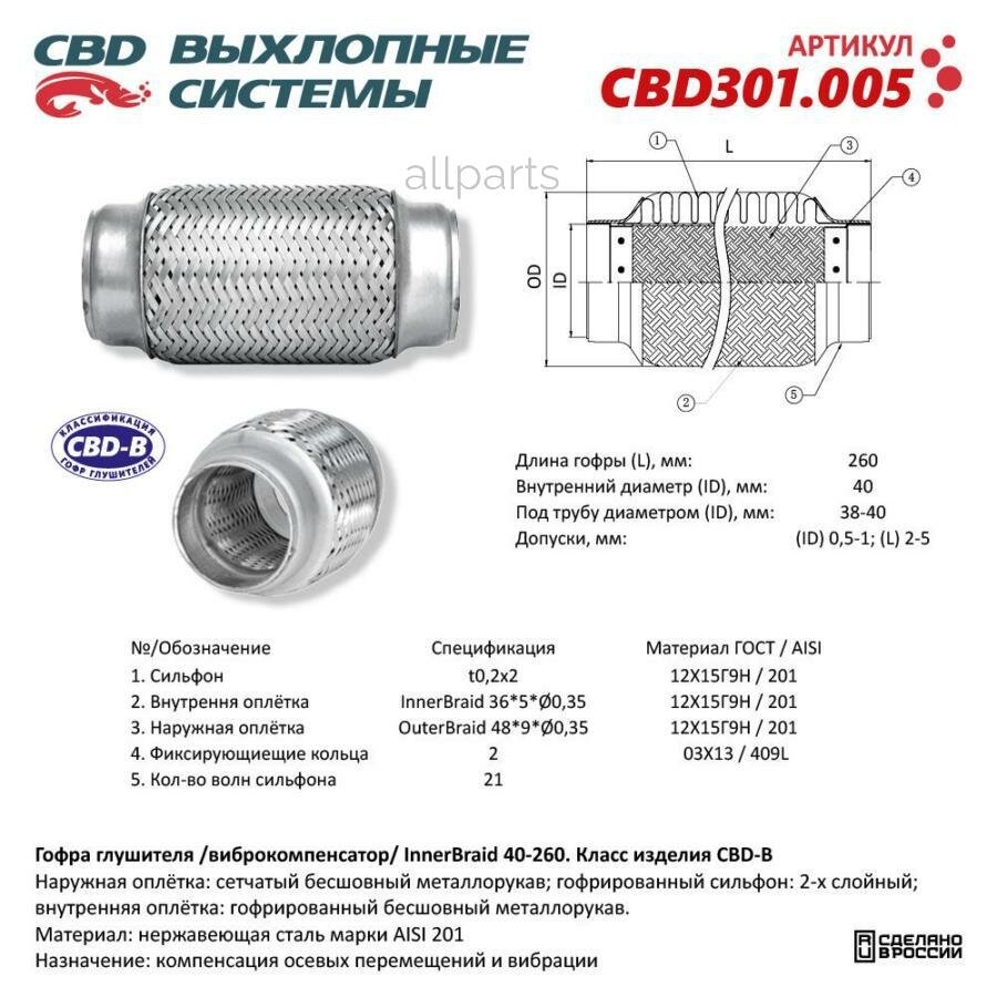 CBD CBD301.005 Гофра глушителя 3-сл Innerbraid 40-260 для UNIVERSAL /D=40mm L=260mm CBD CBD301.005