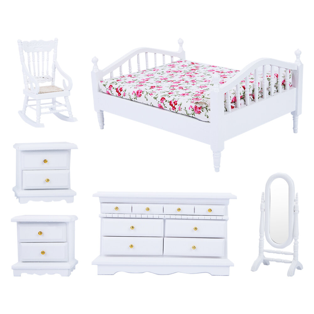 1:12 Набор миниатюрной белой деревянной мебели для спальни кукольного домика, 6 предметов