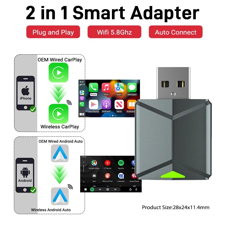 2025 Новый мини-адаптер Wired to Wireless CarPlay 2 в 1 Android Auto Smart Box Plug and Play Автоматическое подключение Обновление OTA Универсальное Mini I silvery