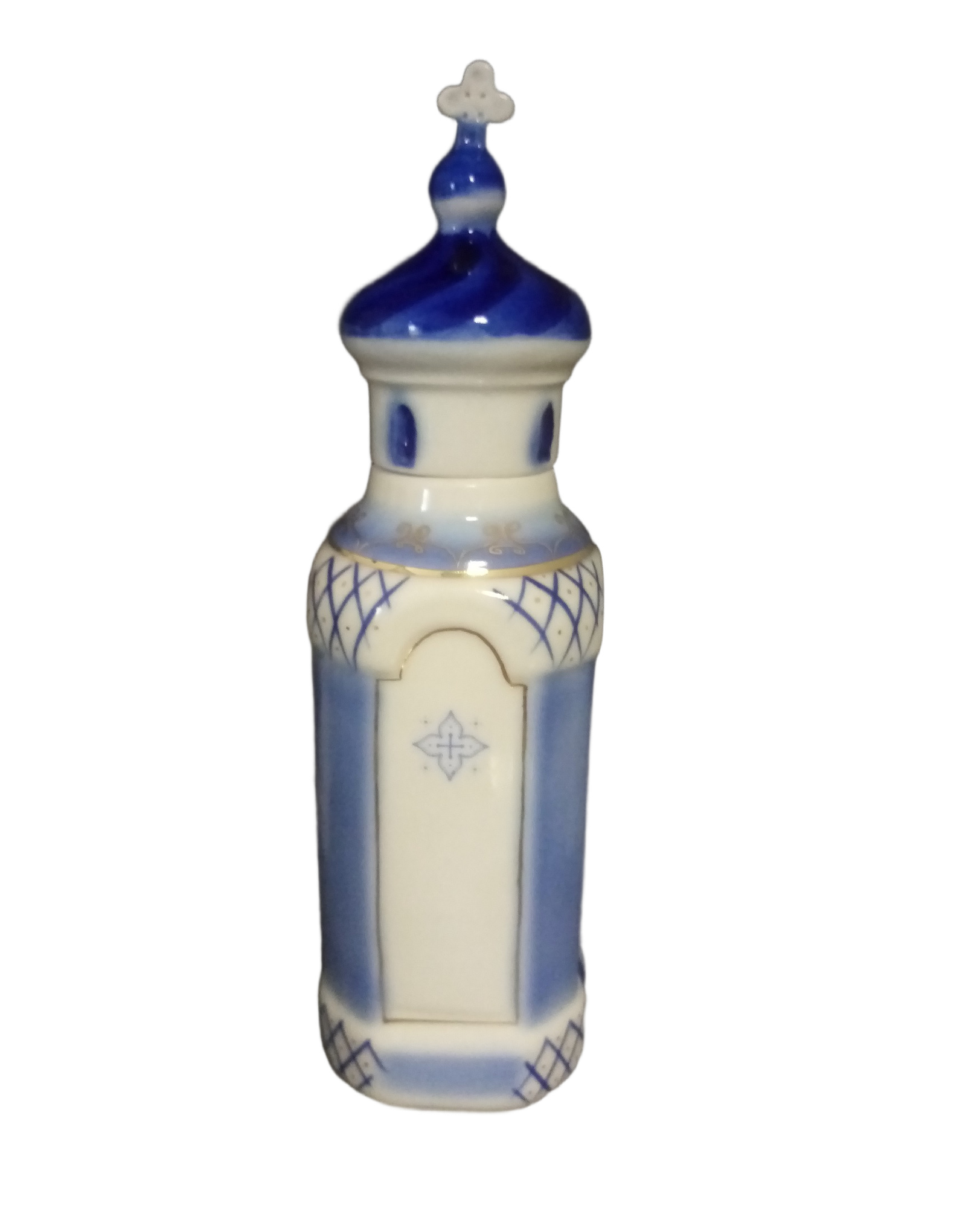 Сосуд "Святая вода" большой гранёный (бел, роспись кобальт, роспись золотом)