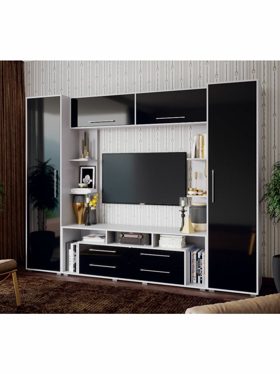 Гостиная Гармония МДФ/ЛДСП 2700х2100х440, Белый/Черный Глянец, МИФ