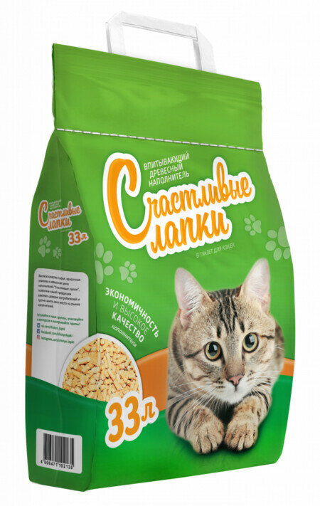 Счастливые Лапки 33 л впитывающий, древесный наполнитель для кошачьих туалетов