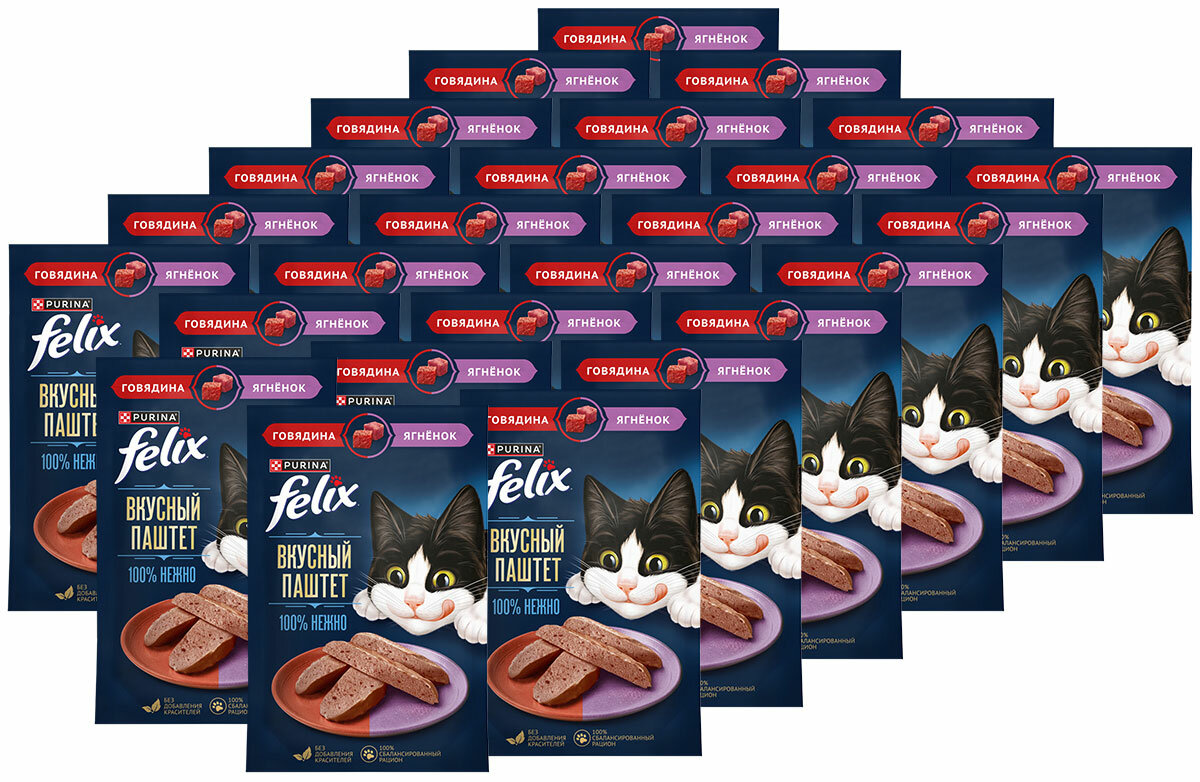 Корм влажный Felix Вкусный Паштет для кошек, говядина и ягненок, 75 г х 26 шт