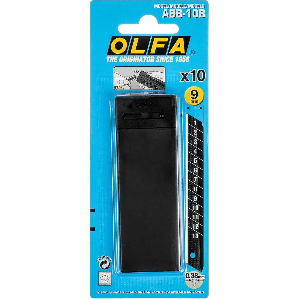 Сегментированные лезвия OLFA Excel Black 9х80х0.38 мм, 13 сегментов, 10 шт OL-ABB-10B долговечные материалы — фото 1