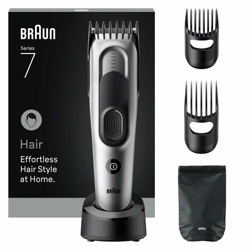 Braun Машинка для стрижки Series 7 HC7590, +5 аксессуаров, пожизненная гарантия на остроту лезвия, 17 насадок для регулировки длины, серый, черный