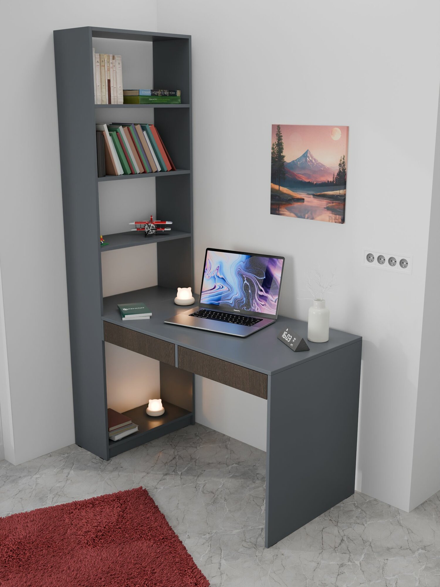 Изумлит Стол-стеллаж письменный угловой, стеллаж слева 200х130х59.2 см, графит-венге