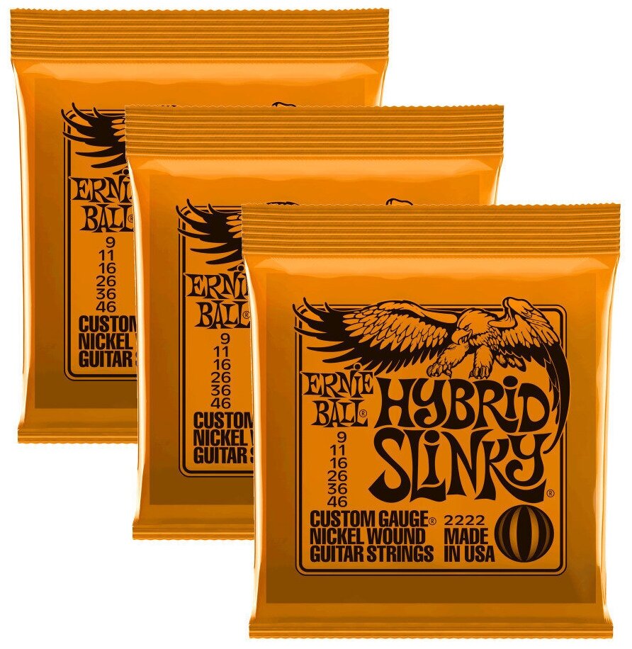 Струны для электрогитары 9-46 Ernie Ball 3222 (Hybrid Slinky 3 комплекта 2222 )