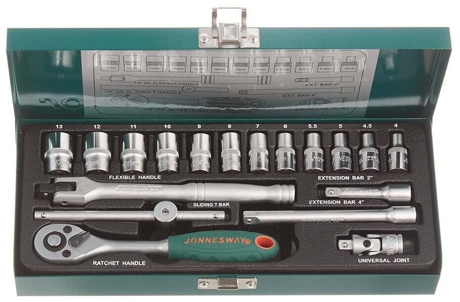Набор торцевых головок с трещоткой Jonnesway 1/4" (S04H2118S) (18 шт.)