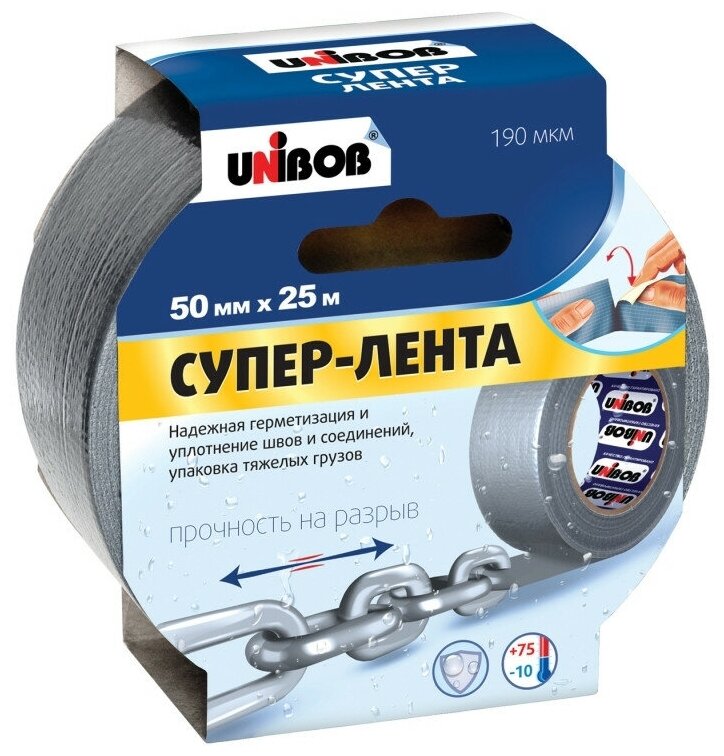 Клейкая лента Армированная , 50мм х 25м, Серая Unibob 517309