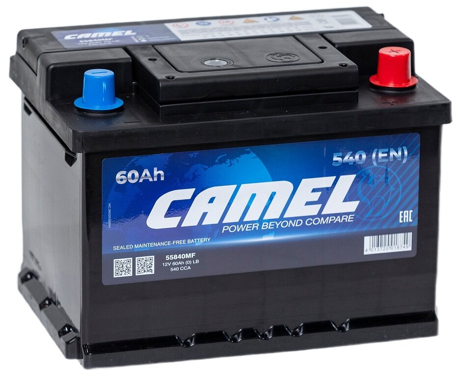 Аккумулятор автомобильный Camel 60 А/ч 540 А обр. пол. низкий 55840MF Евро авто (242х175х175)