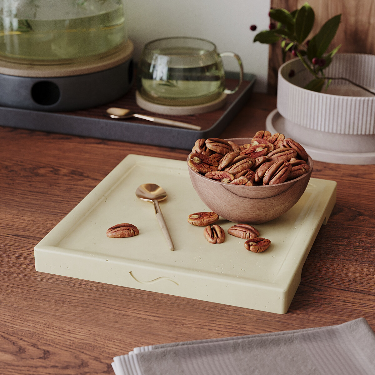 Поднос декоративный кухонный Dorian Square S, 20x20 см, бетон, кремовый глянцевый