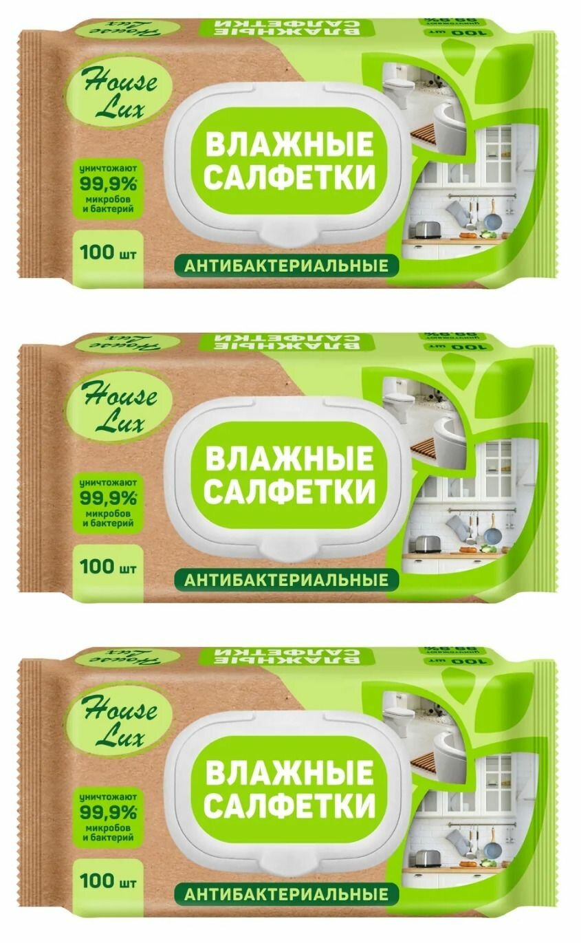 House Lux Салфетки влажные Антибактериальные, очищающие, универсальные, №100, 3 уп
