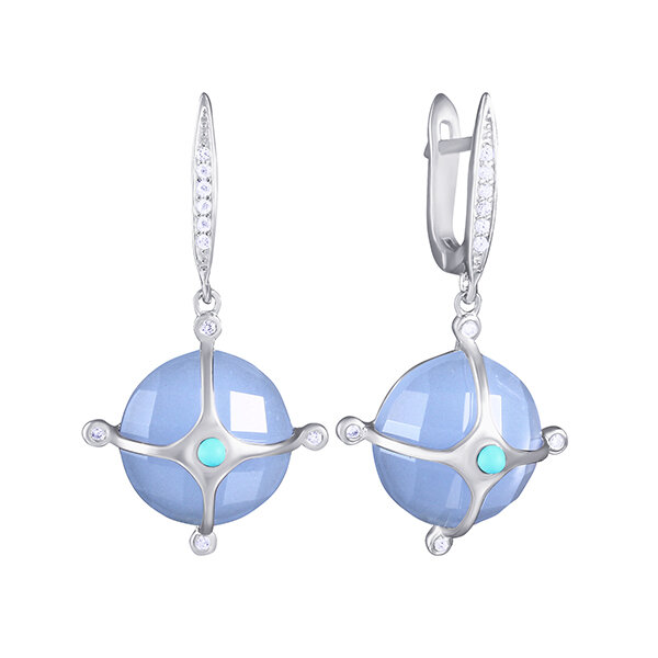 Серьги ЗлатаМира, серебро, 925 проба, фианит, агат, бирюза синтетическая