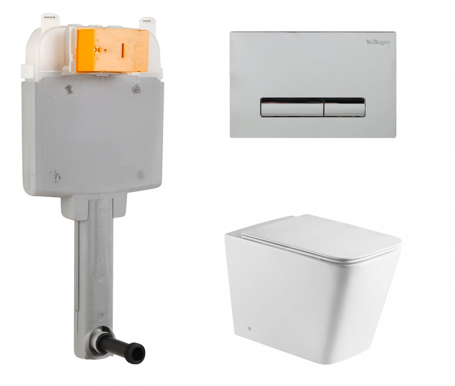 Комплект 3 в 1 смывной бачок скрытого монтажа BelBagno BB025-CS + Приставной унитаз WeltWasser Gelbach 002 GL-WT с кнопкой хром Genova