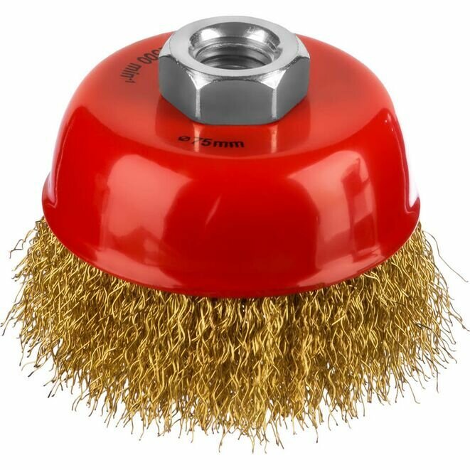 Щетка-крацовка чашечная для УШМ, MIRAX 75 мм, витая стальная латунированная проволока 0.3 мм