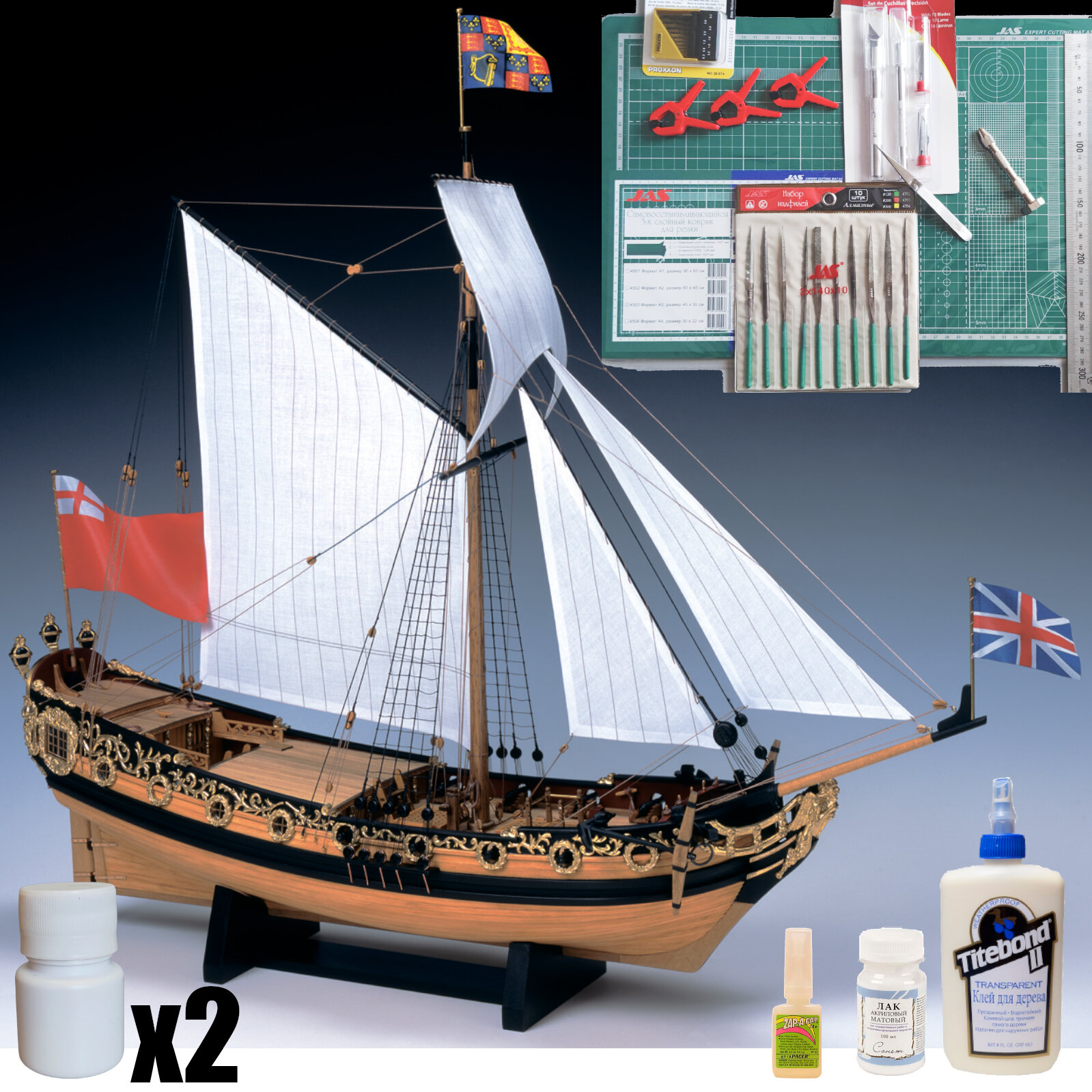 Сборная модель корабля от Woody Joe, яхта Charles Royal Yacht 1674, М.1:64, подарочный набор с инструментами, красками, лаком и клеем