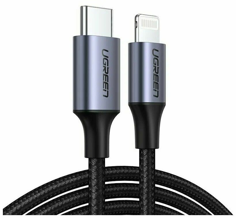 Кабель Type-c быстрая зарядка UGREEN US304 Lightning M/M Cable Aluminum Shell Braided 1 метр черный