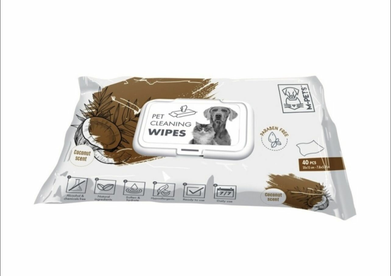 M-PETS Очищающие влажные салфетки для животных, собак, кошек, с кокосом, 40 шт.