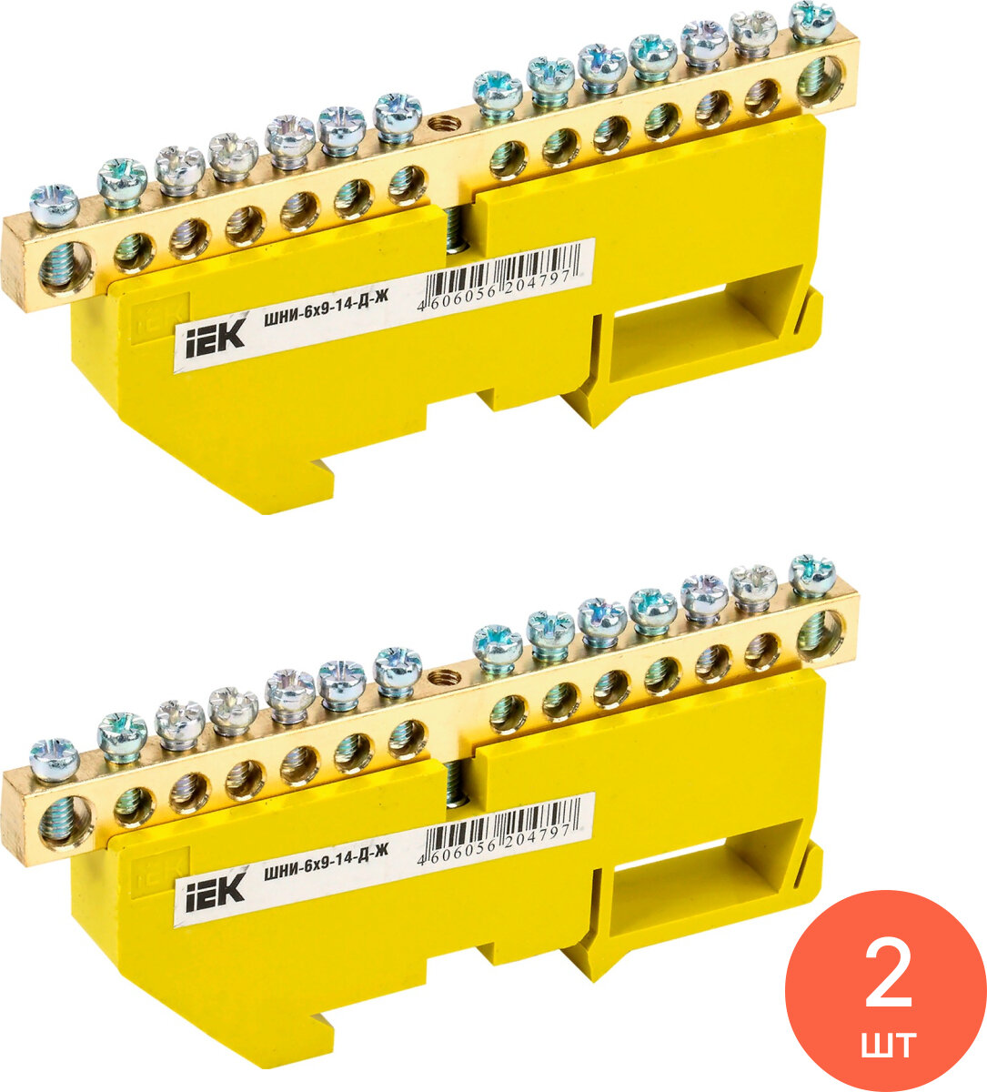 Шина IEK / ИЭК ШНИ-6х9-14-Д-Ж, PE земля на DIN-изоляторе, латунь, 14 соединений, 89х12х42мм, 100А, соединитель проводов (комплект из 2 шт)