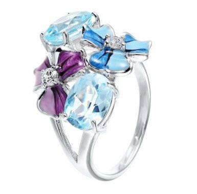 Перстень, серебро, 925 проба, родирование, эмаль, топаз, циркон