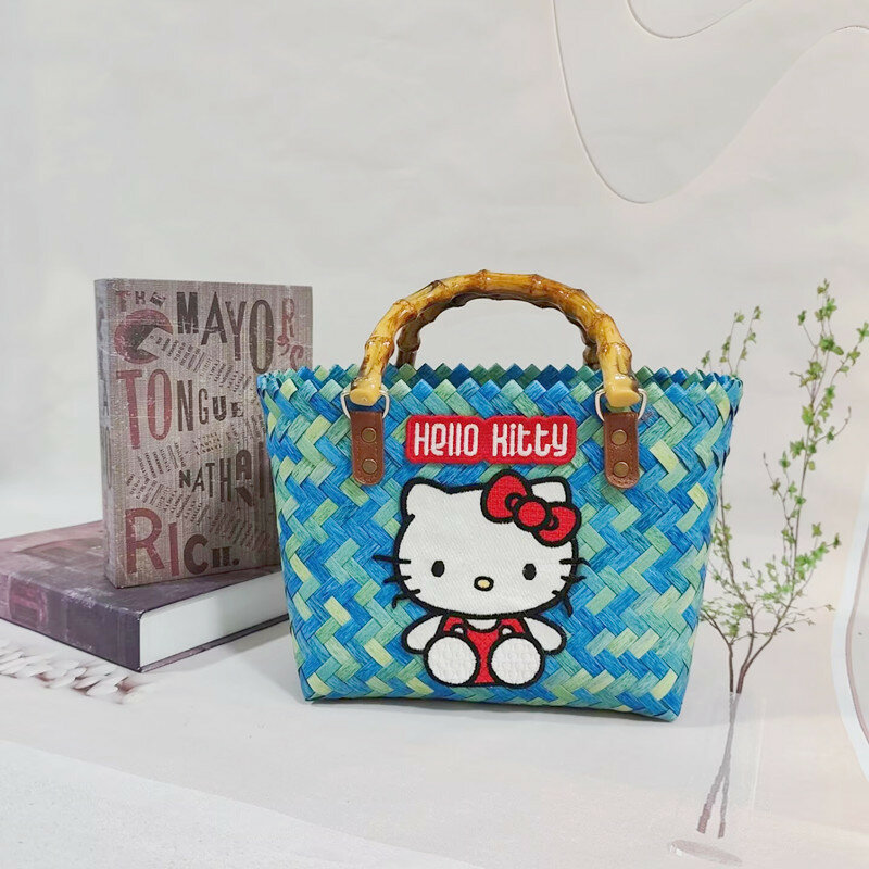 Корзина - Мешок из ротанга для организации и хранения вещей Вышивка Hello Kitty