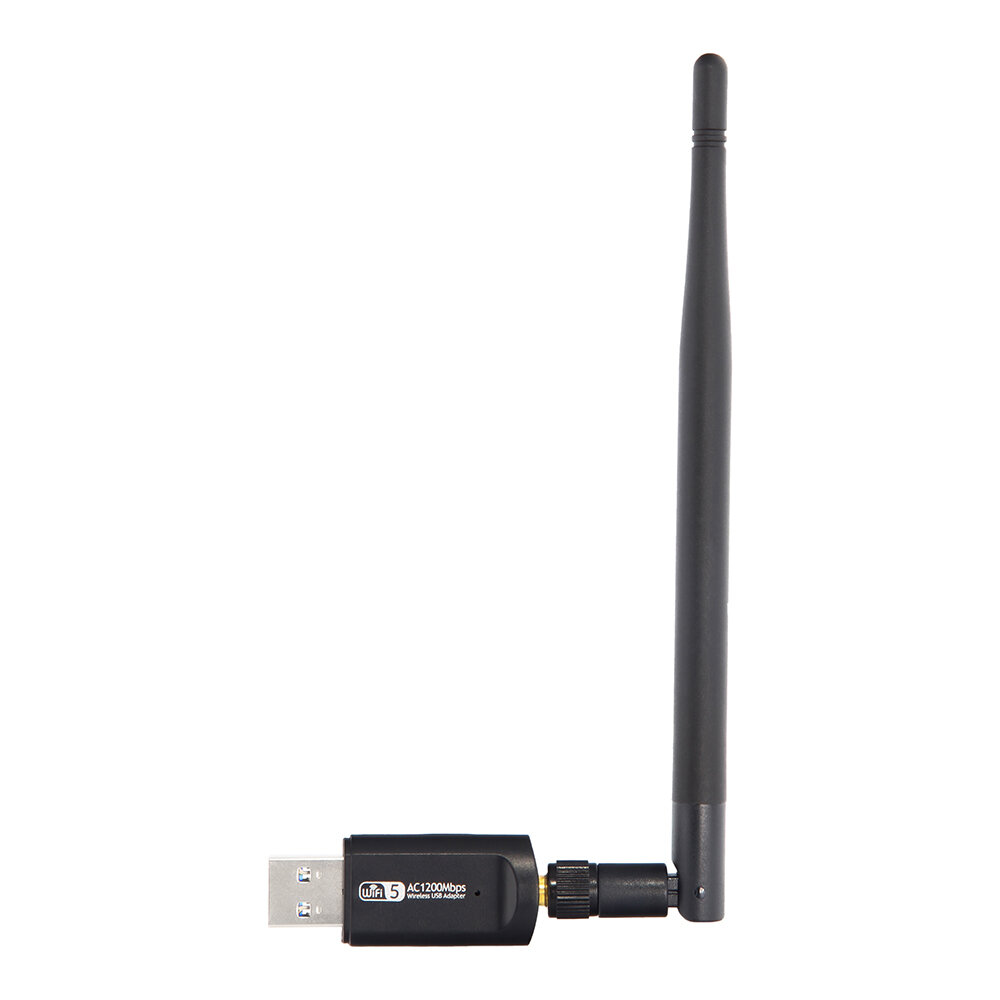 Адаптер беспроводного USB Dual Band 2.4G 5G с сетевой кардой WiFi AC1200Mbps, интерфейс хоста USB3.0, внешняя антенна 5dBi, цвет черный+серебристый, материал ABS+металл, стандарт IEEE 802.11ac/a/b/g/n, чипсет Realtek8812, скорость 866Mbps (5GHz)/300Mbps