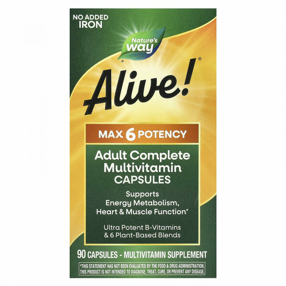 Nature's Way Alive! Max6 Daily MultiVitamin, Мультивитаминный комплекс макс эффективность, без железа, 90 вег. капсул