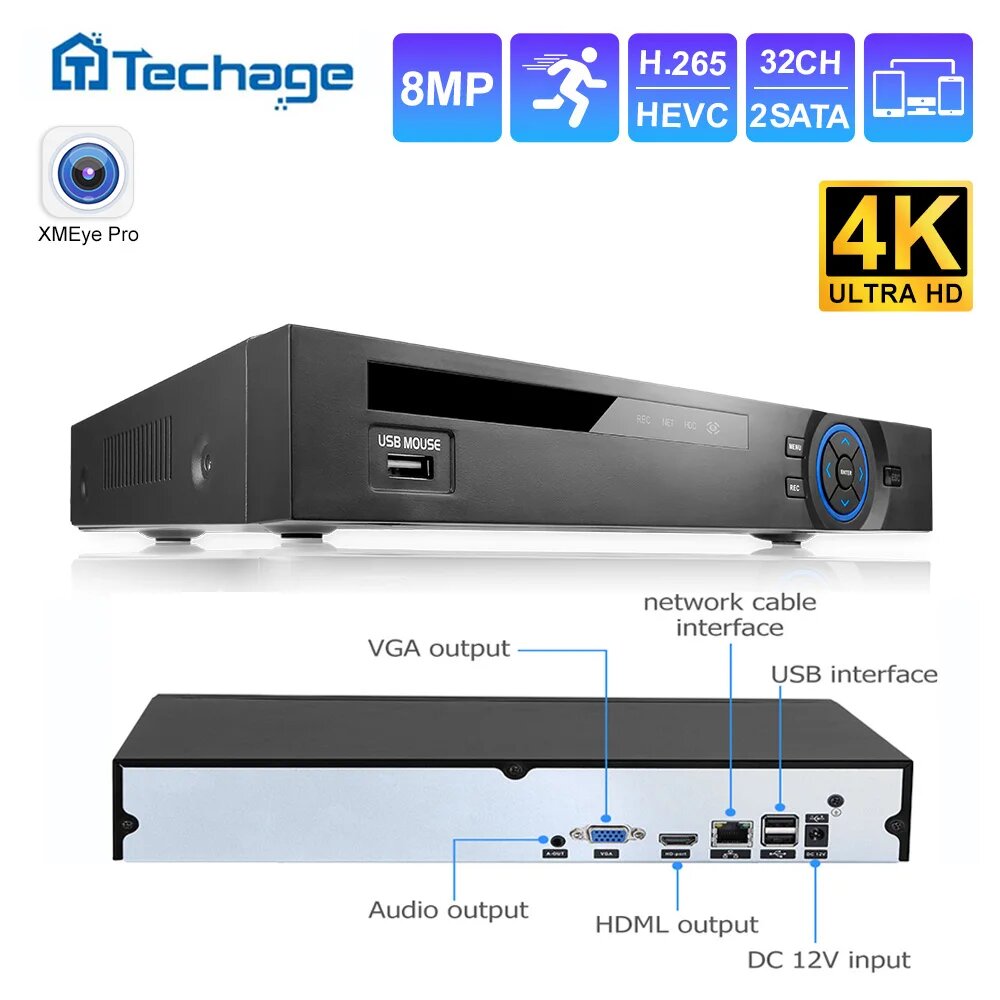 Techage 36CH 4K PoE NVR видеорегистратор, без HDD