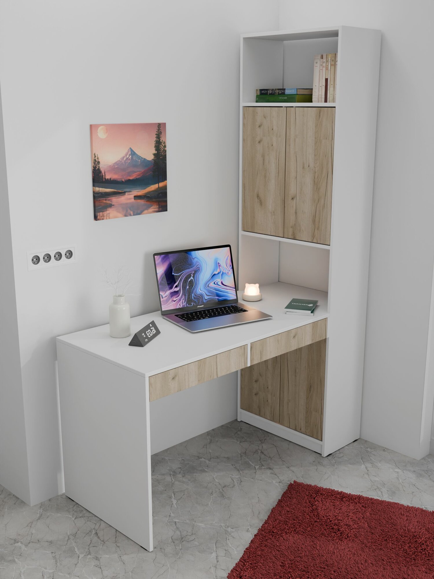 Изумлит Стол-стеллаж с дверьми письменный угловой, стеллаж справа 200х140х59.2 см, белый - дуб крафт серый