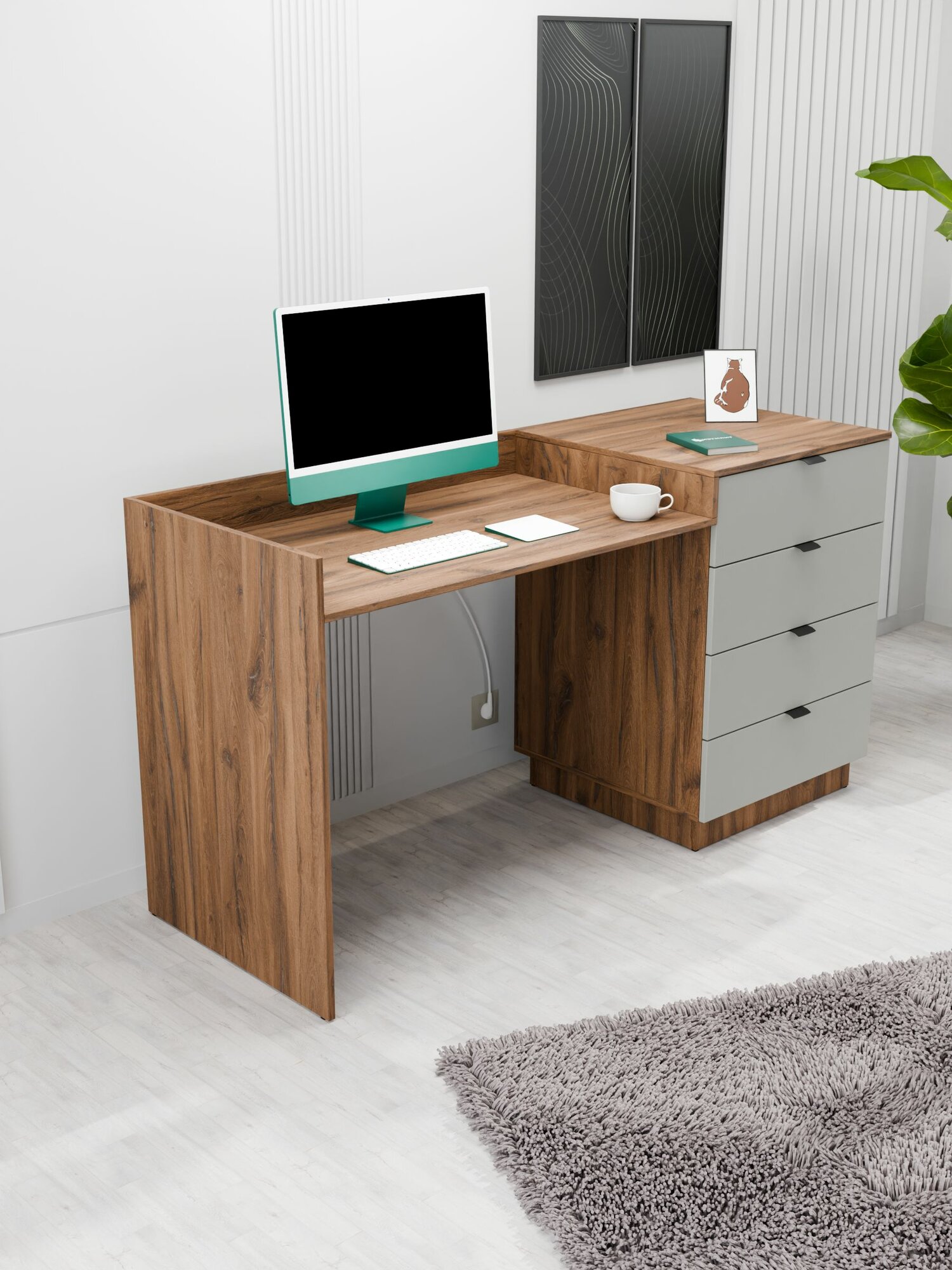 Изумлит Стол письменный для офиса и дома Бридж 163.2х86.6х60 см, дуб крафт табачный - шиншилла серая