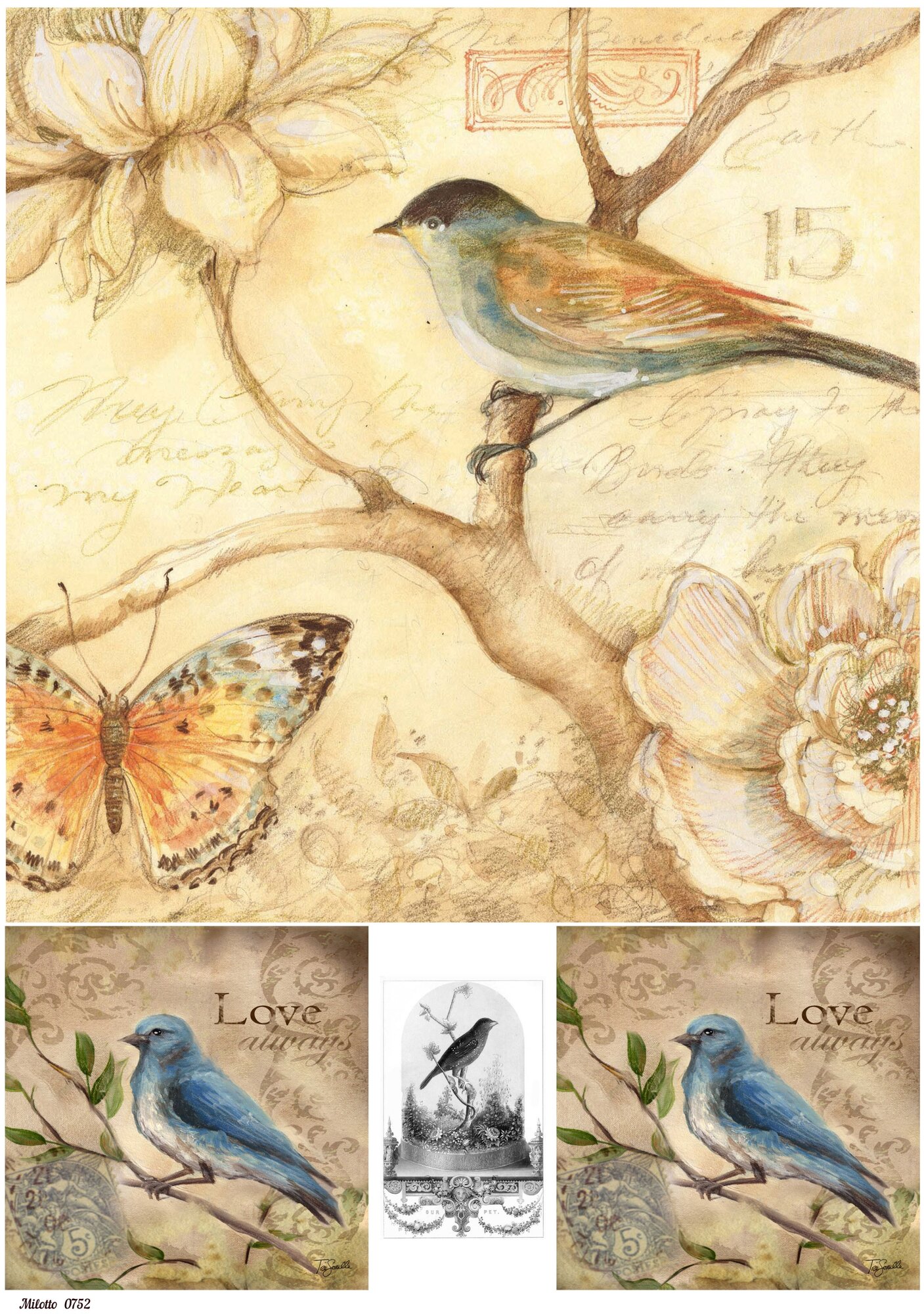 Рисовая бумага для декупажа А4 ультратонкая салфетка 0752 птицы бабочки винтаж крафт Milotto