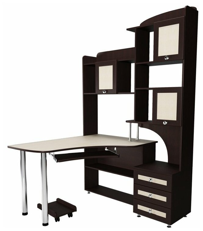 Компьютерный стол Мебелайн-19, ЛДСП, 140x130x201,5 см, с тумбой, надстройкой, ящиками