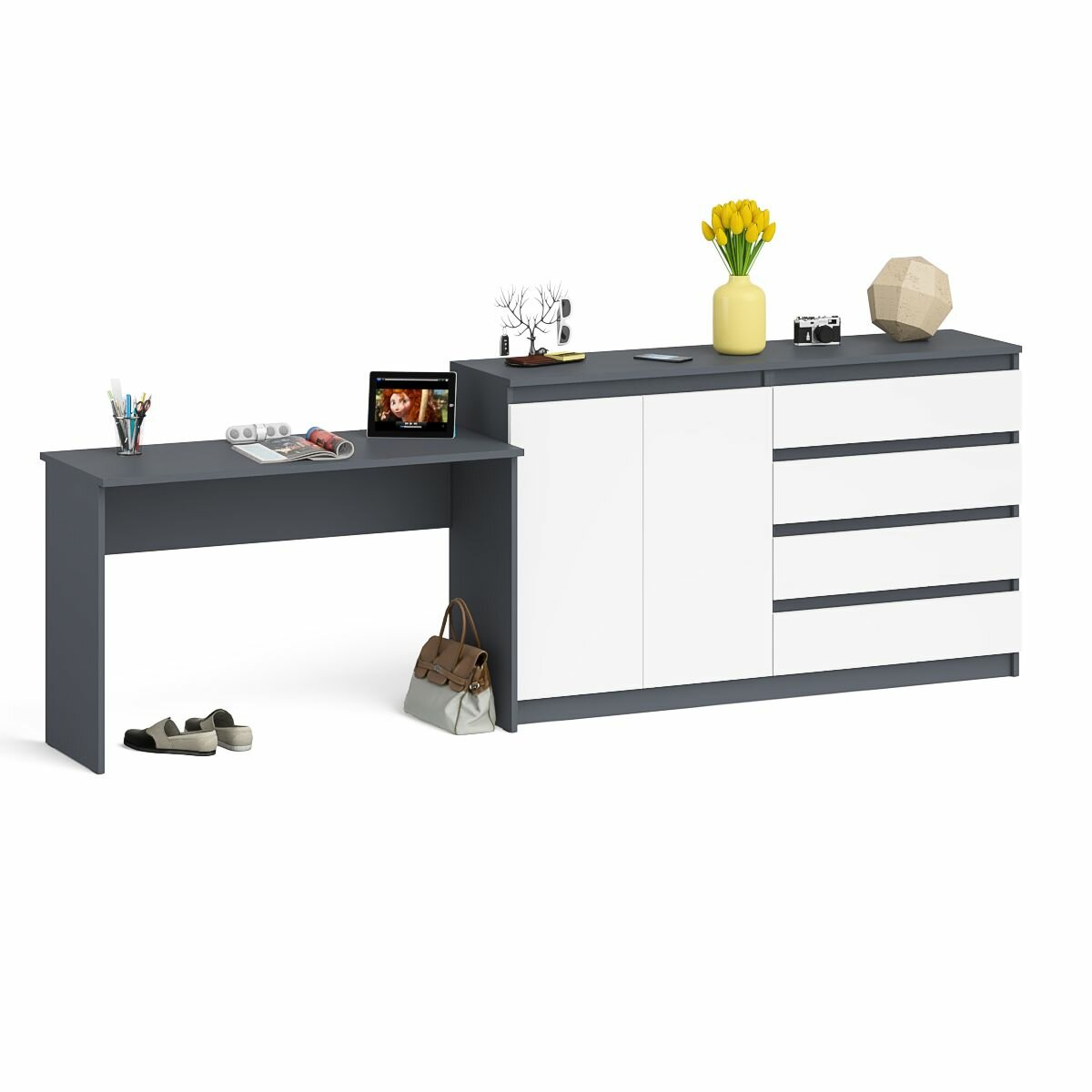 Компьютерный стол для дома, для школьника письменный Спасибо-Мебель 281см графит/белый