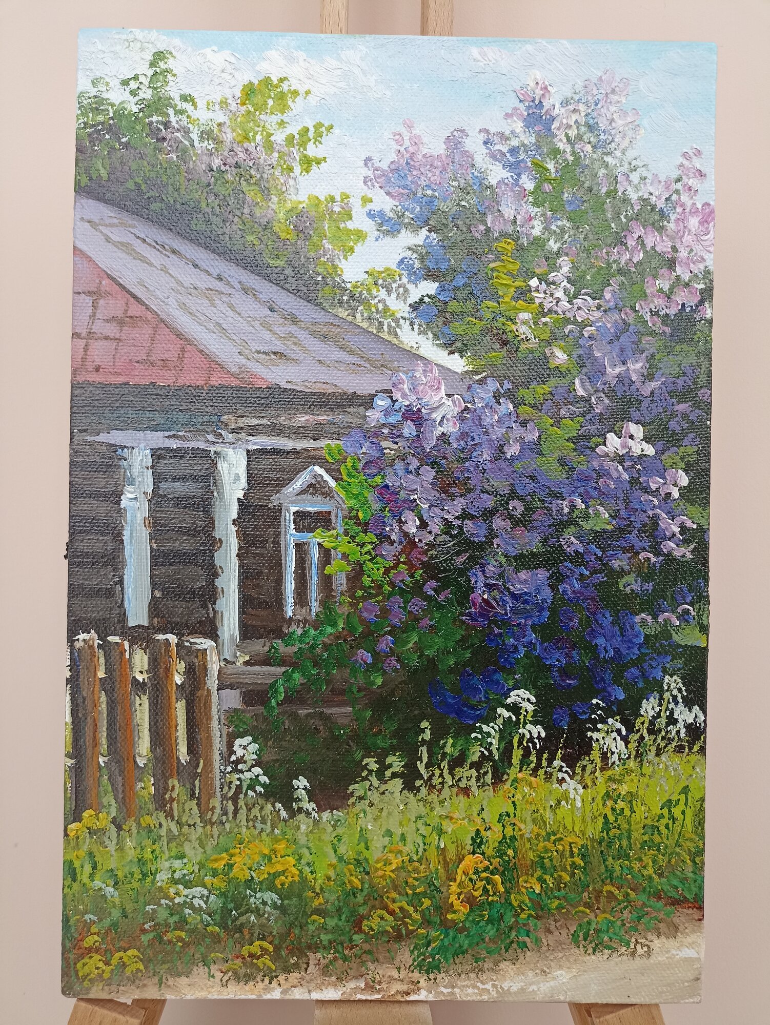 Картина масло/холст. 100% ручная работа, 100% живопись от Художественной мастерской Грёзы. Летний пейзаж. Домик. Сирень. Размер картины 20х30 см.
