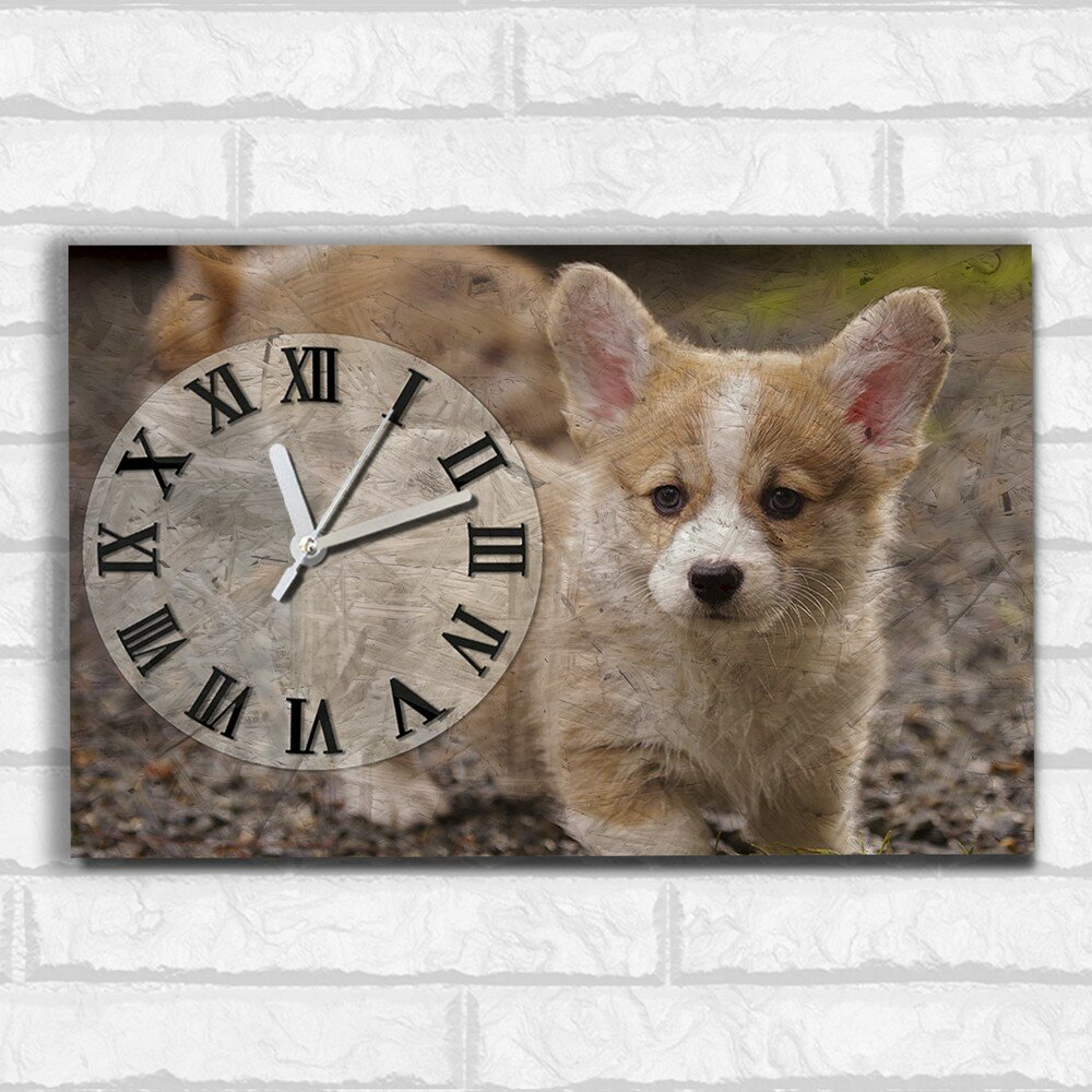 Настенные бесшумные часы ОСБ со смещенным циферблатом Животные Щенок ( Собака, цветы, Корги, милота, Подарок для мамы, бабушки сестры, подруге) - 2508