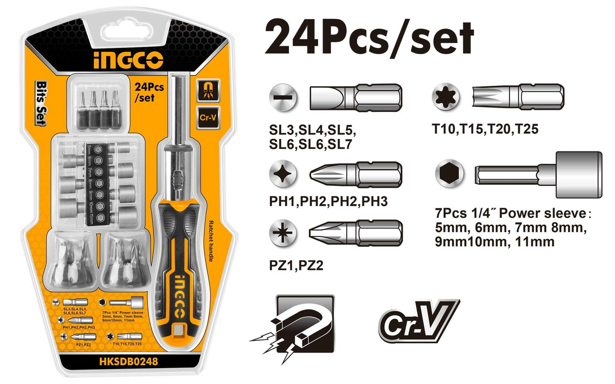 Набор бит и торцевых головок INGCO HKSDB0248, 24 предм, желтый/черный/серебристый