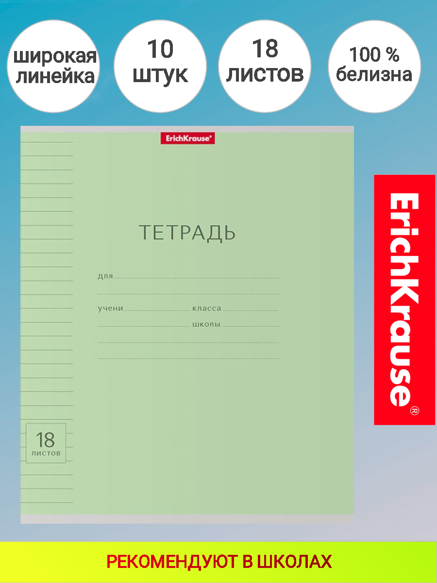 Тетрадь школьная ученическая ErichKrause Классика с линовкой зеленая, 18 листов, линейка (в плёнке по 10 шт.)