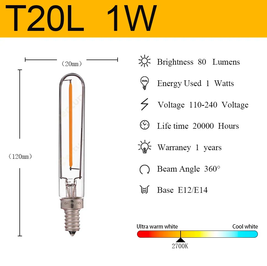 Светодиодная лампа T20L 1W E12/E14, 2700K, 80 Лм