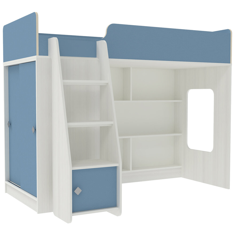 Кровать чердак Л 42.5.1 со шкафом-купе Белое Дерево Светло Синий/Голубой