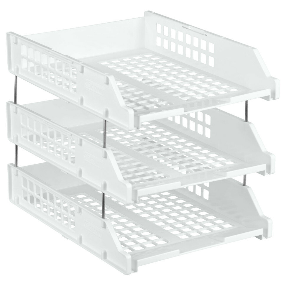 Лоток для бумаг горизонтальный СТАММ "Strong", набор 3шт, на метал. стержнях, белый, 370904