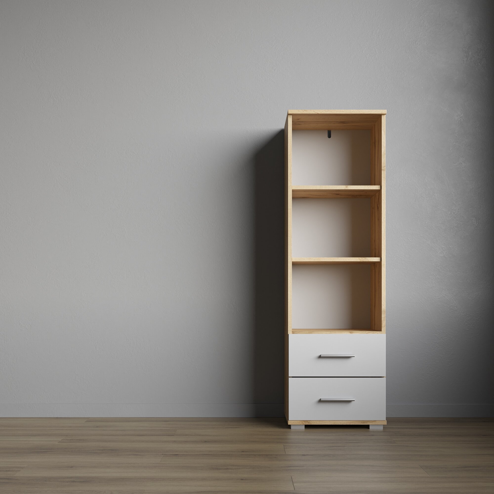 FUN (ФАН) стеллаж СТ-1, 40х130х34, ЛДСП, 3 открытых отсека, 2 ящика, Дуб Вотан/Белый