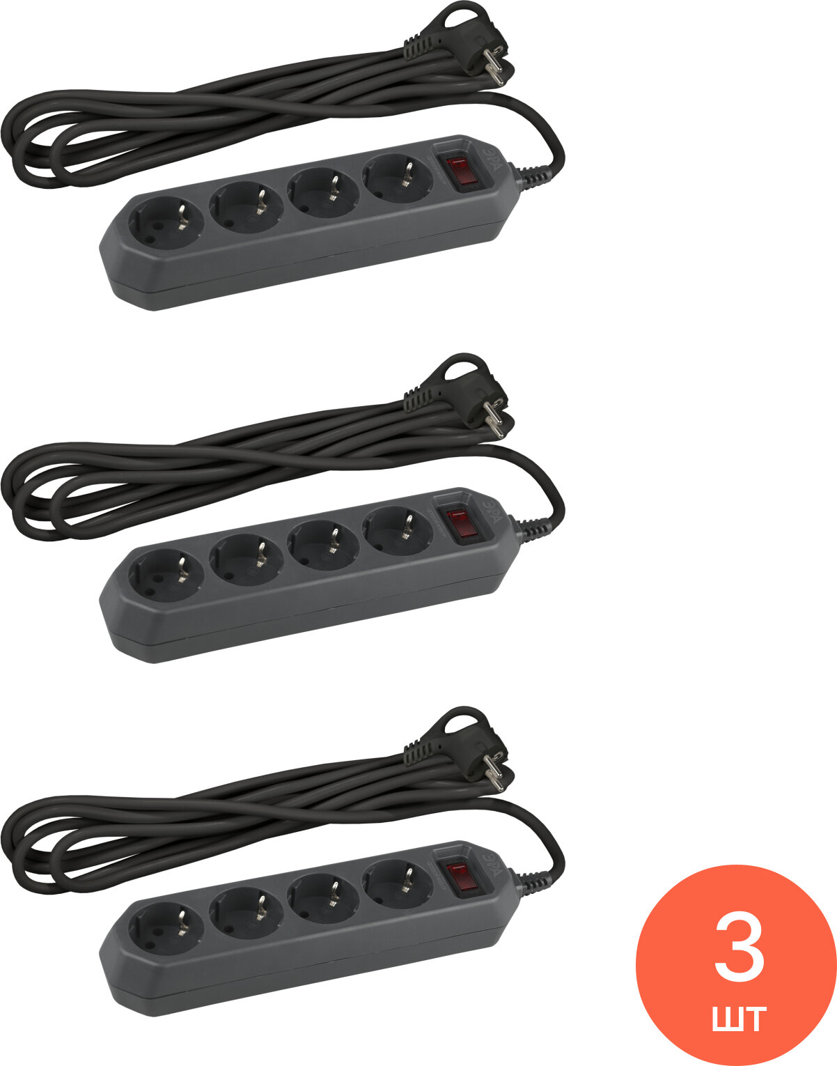 Удлинитель бытовой ЭРА USF-M-4es-1.5m-B с заземлением и выключателем 3x0.75мм², 1.5 метра, 4 розетки черный Б0019740 / сетевой фильтр (комплект из 3 шт)