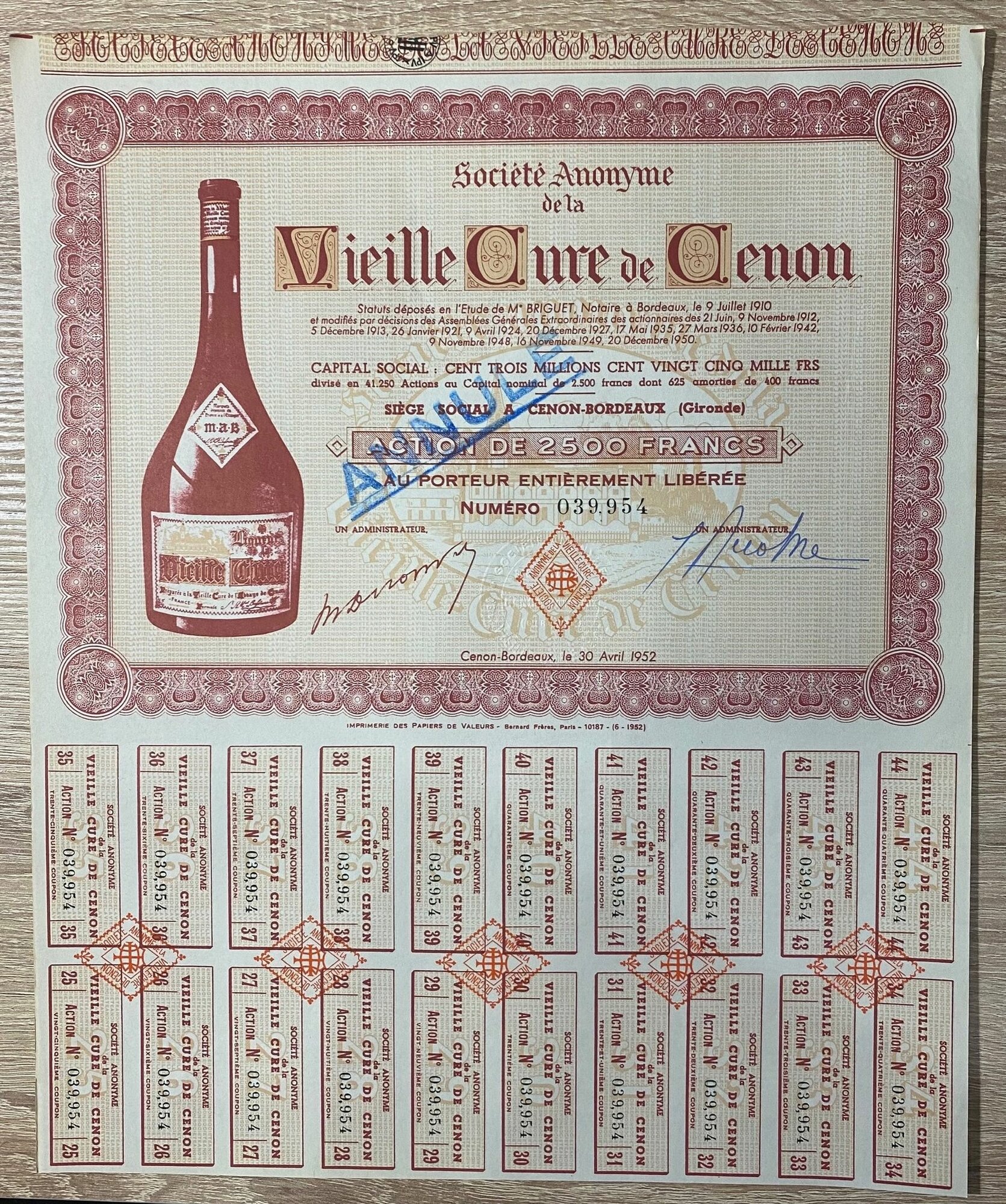 Франция. Вино. Кантон Сенон округа Бордо. Акция на 2500 франков. 1952 год