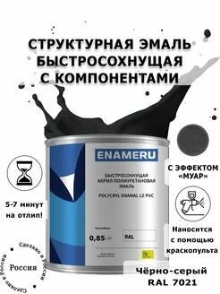 Структурная Эмаль для ПВХ и Пластика Энамеру, Акрил-полиуретановая, Матовая, Черно-серый RAL 7021, 1.35л готовой смеси